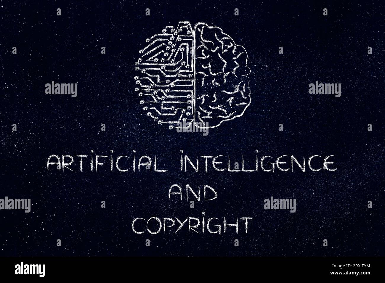 artificial intelligence and copyright conceptual image, text with half artificial half human ...