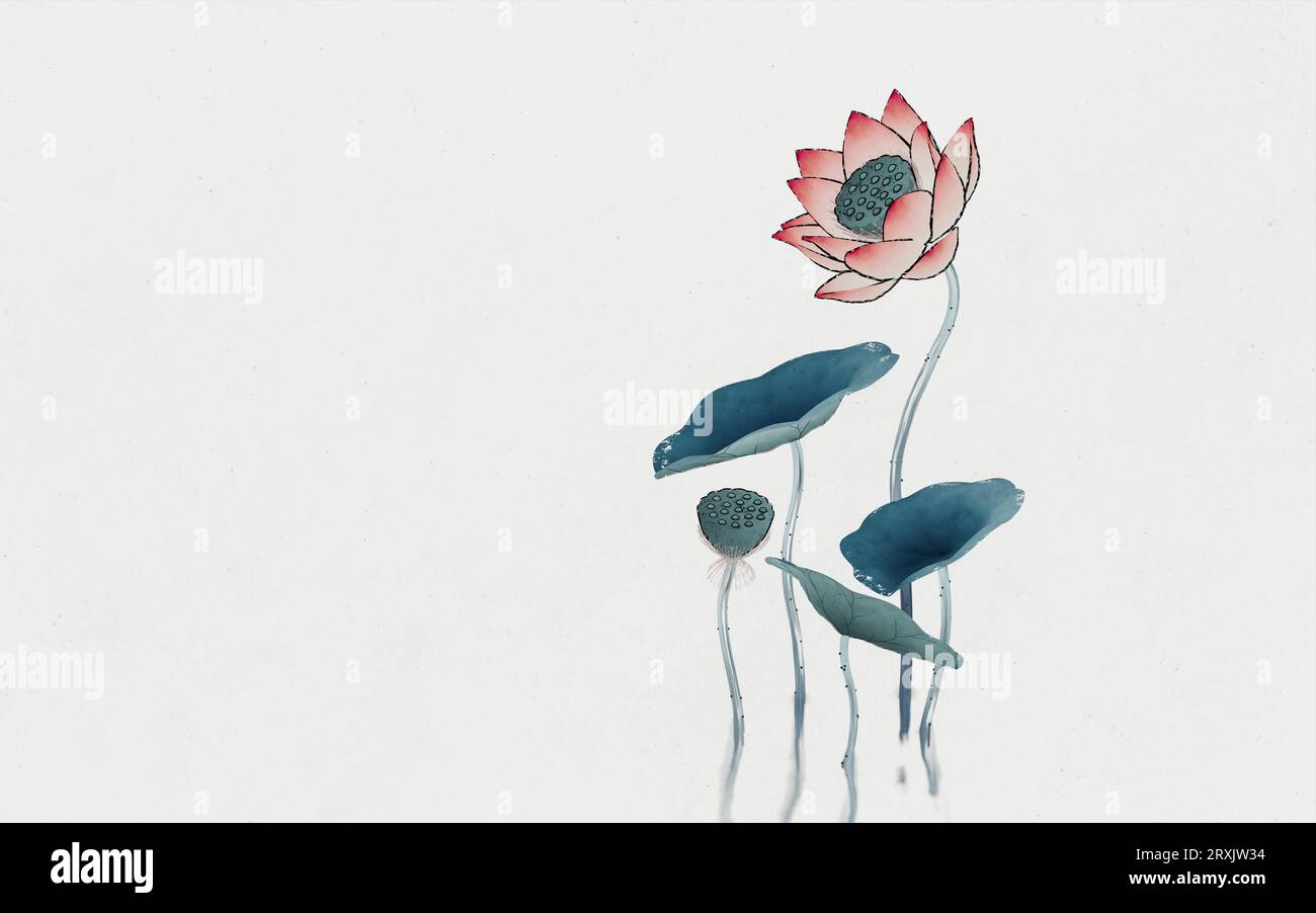 Chinese retro painting style lotus illustration. Digital drawing Stock ...