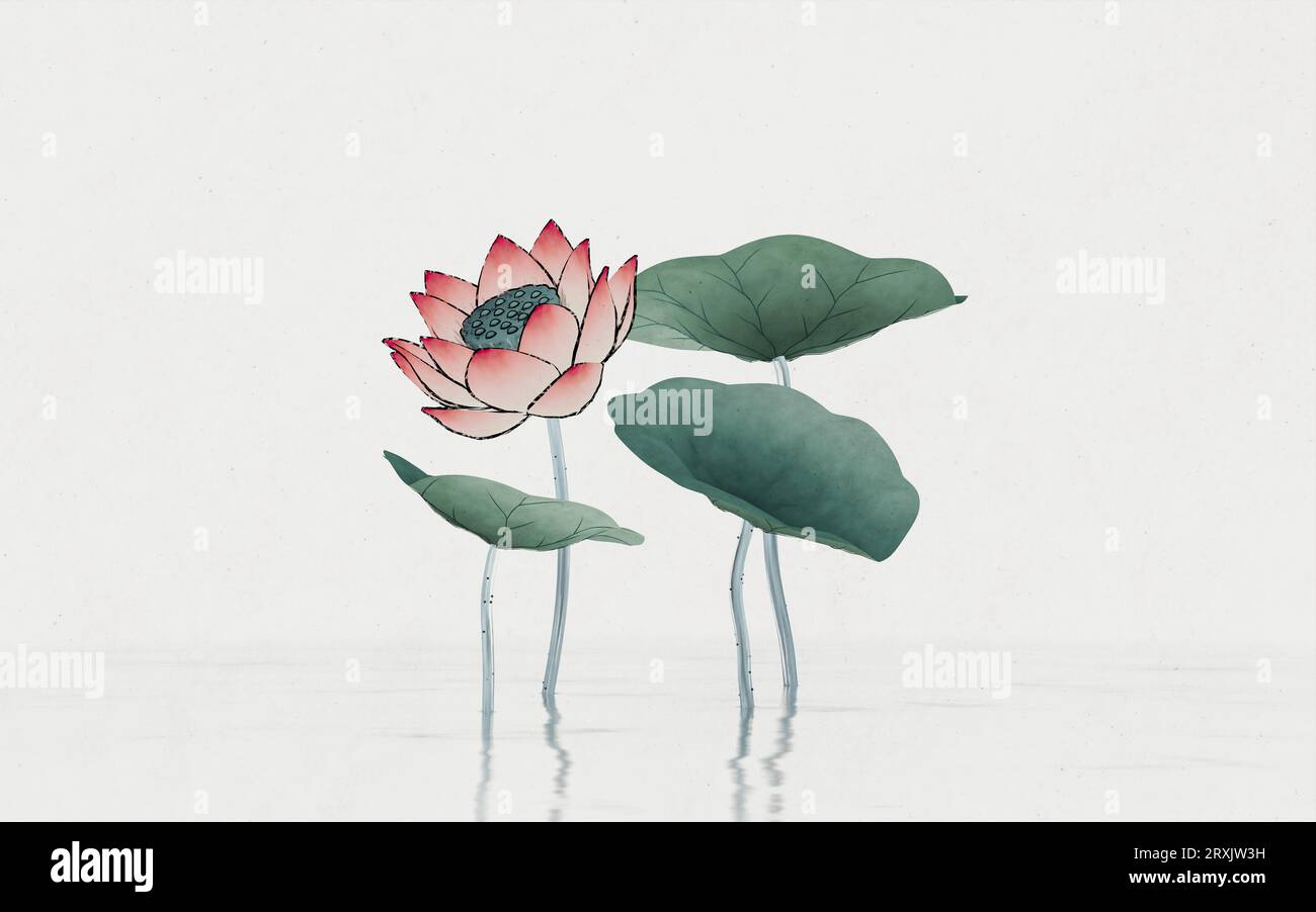 Chinese retro painting style lotus illustration. Digital drawing Stock ...
