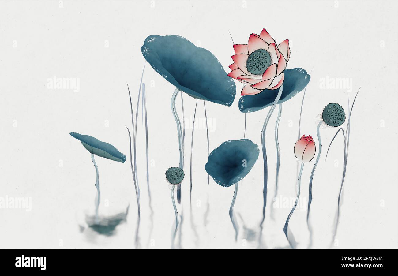 Chinese retro painting style lotus illustration. Digital drawing Stock ...