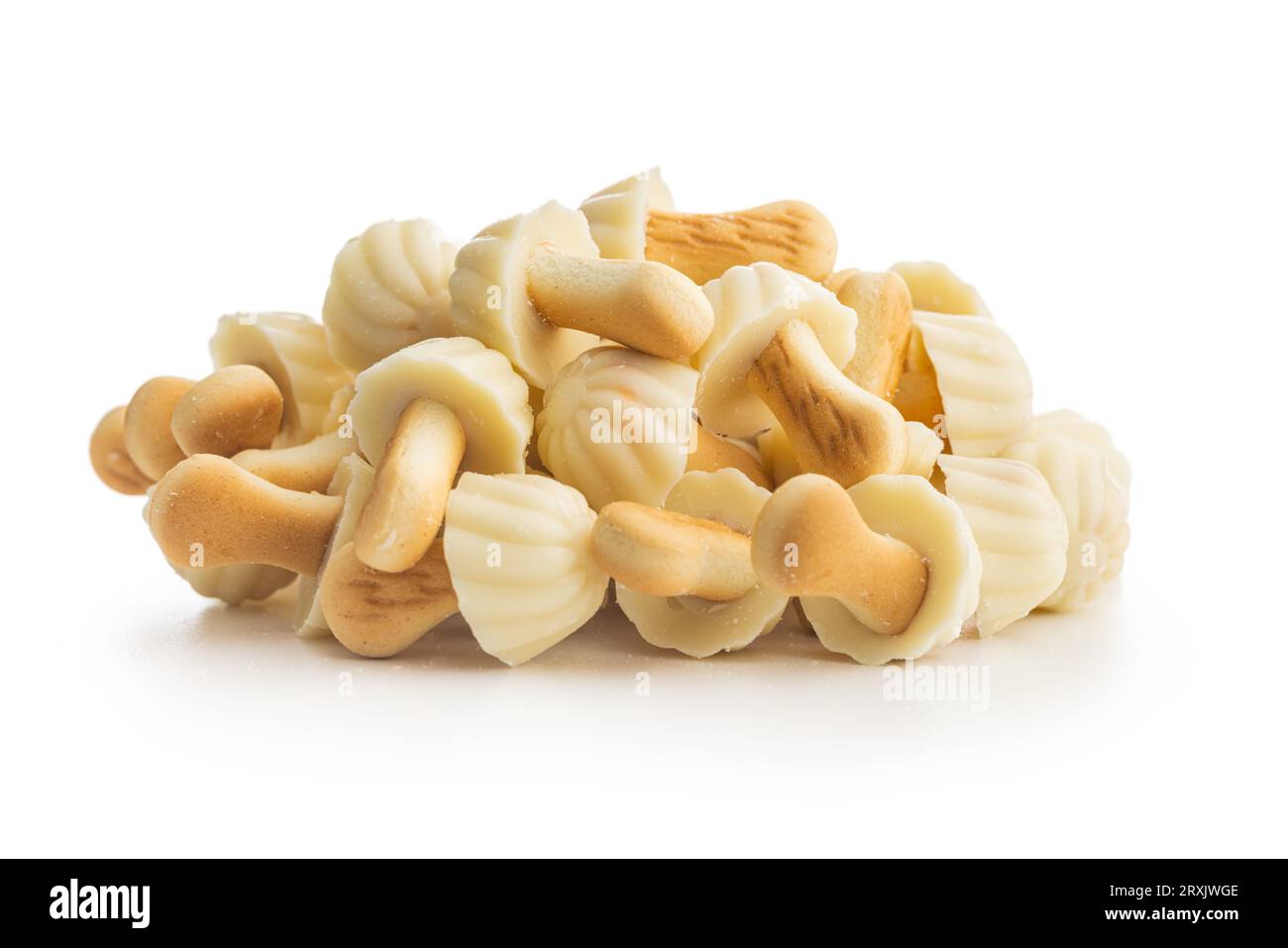 Candy in the shape of a mushroom. White chocolate mushrooms isolated on ...