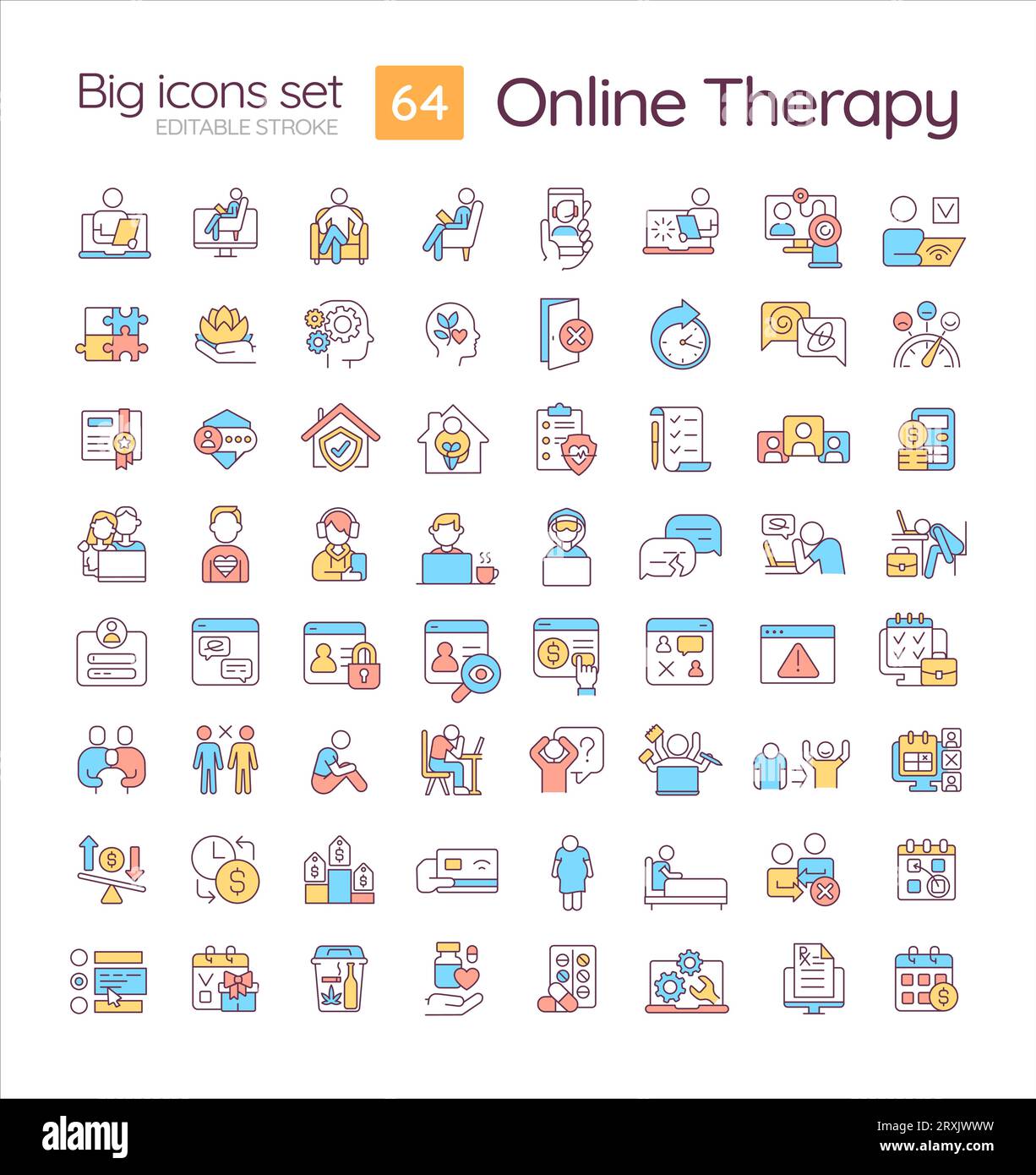 Editable multicolor big icons set for online therapy Stock Vector Image ...