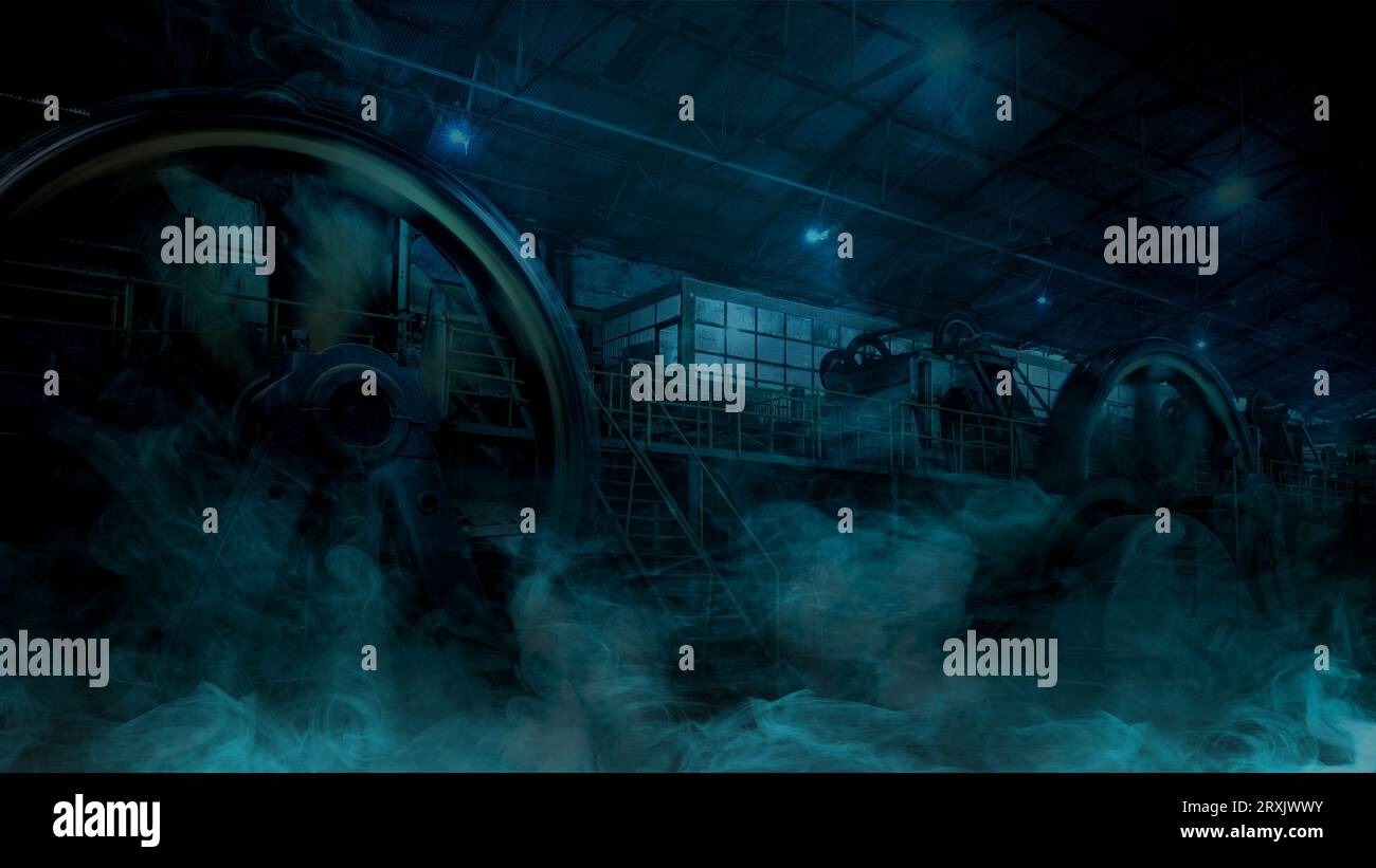 Haunted factory building in the night. Scary Halloween background ...