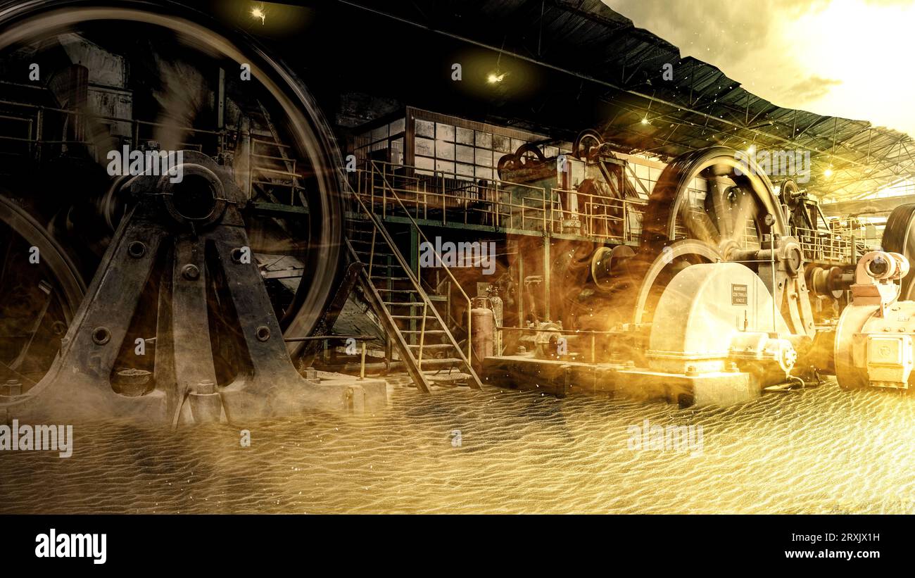 Haunted factory building in the night. Scary Halloween background ...