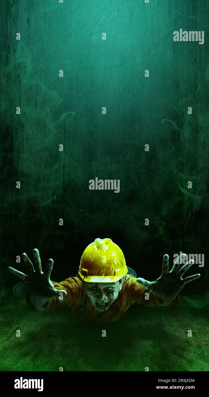 A scary construction worker zombie with blood and wounds on his body ...