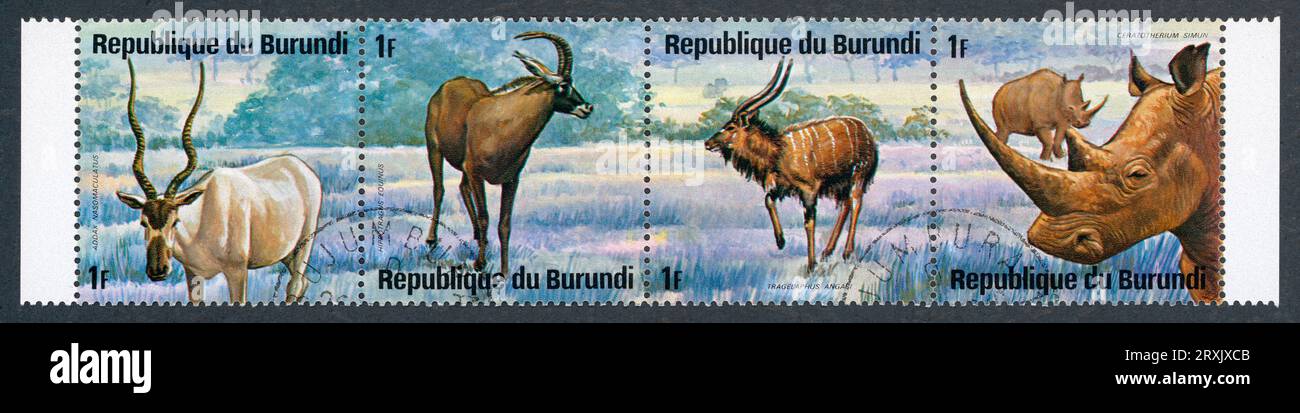 Strip of 4 Stamps with African Animals. Burundi, 1975. Animals ...