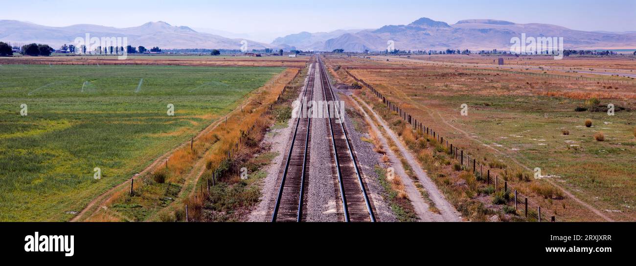 Empty railroad tracks with hills in background, Dillon, Montana, USA ...