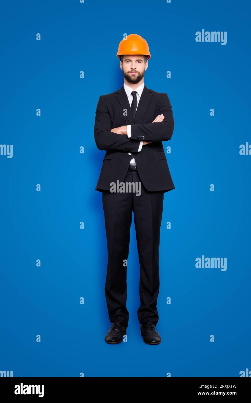 Full length size portrait of virile harsh stylish investor in hard hat ...