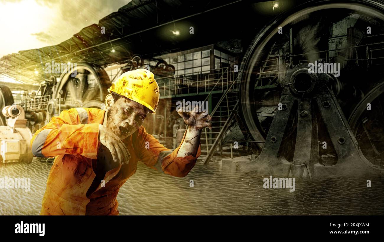 A scary construction worker zombie with blood and wounds on his body is ...