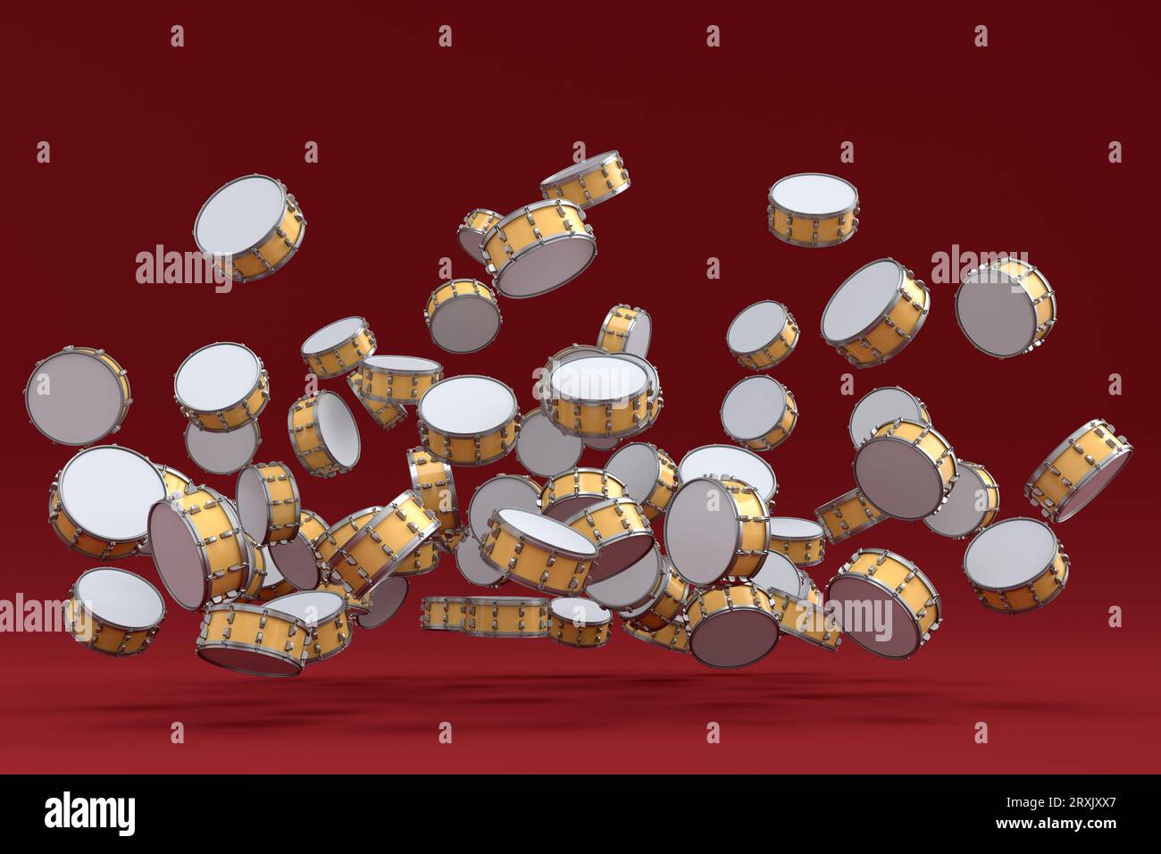Many of flying drums on red background. 3d render concept of musical ...