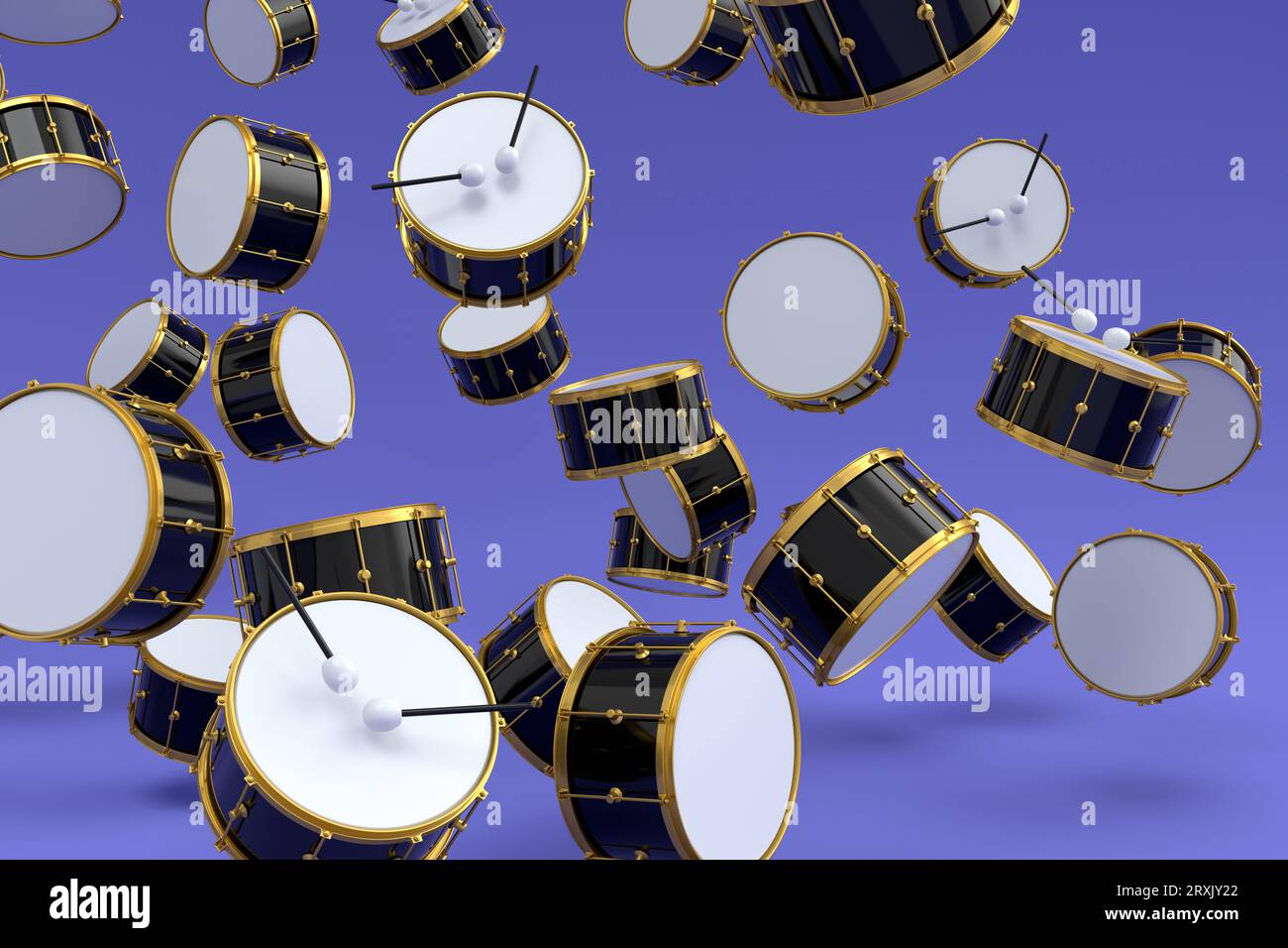 Many of flying drums on violet background. 3d render concept of musical ...