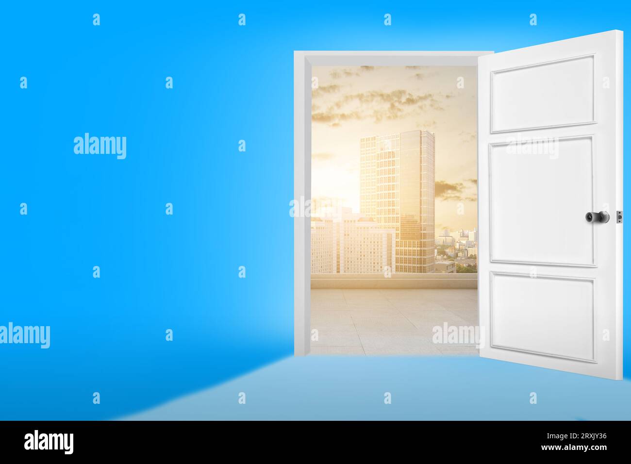 Open door with a view of skyscrapers and modern buildings with a blue ...