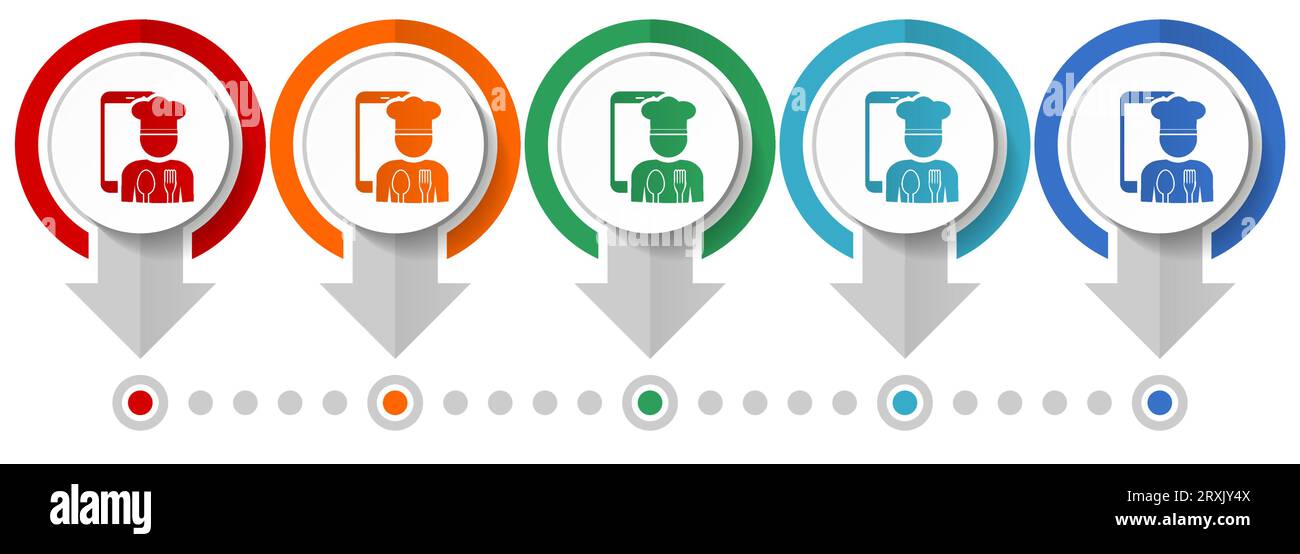 Mobile phone, online restaurant, chef vector icon set, flat design ...