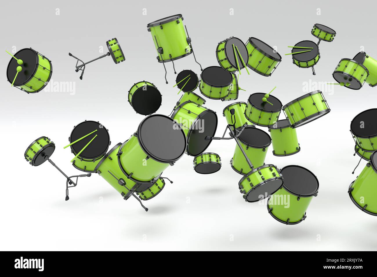 Many of flying drums with metal cymbals on white background. 3d render ...