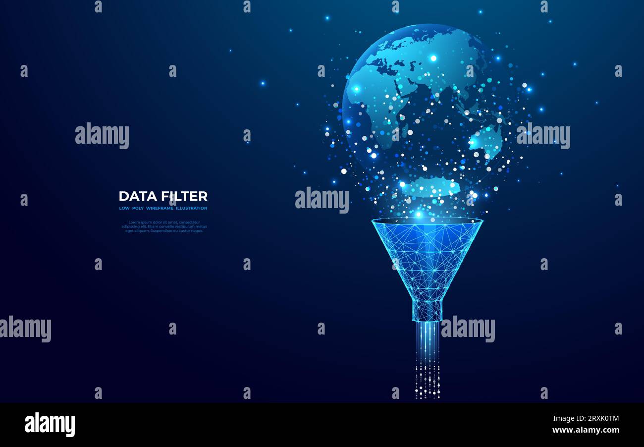 Abstract funnel with data flow and globe Earth on dark blue background Stock Vector Image & Art ...