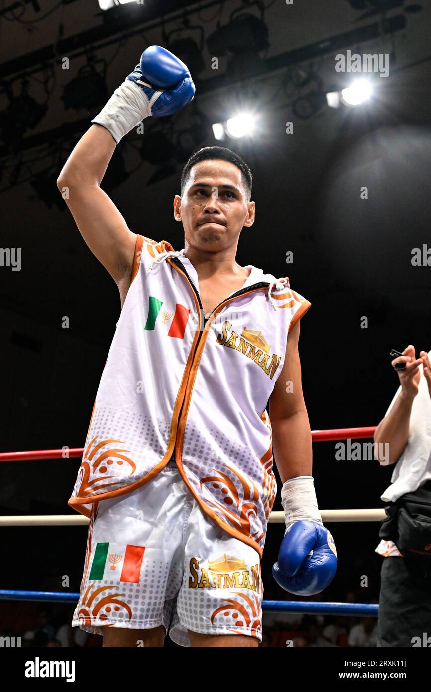 Jerven Mama of the Philippines before the 10R flyweight boxing bout at Korakuen Hall in Tokyo ...