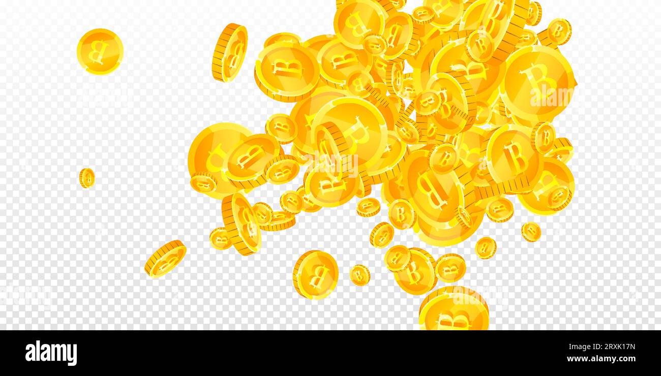 Thai baht coins falling. Gold scattered THB coins. Thailand money ...