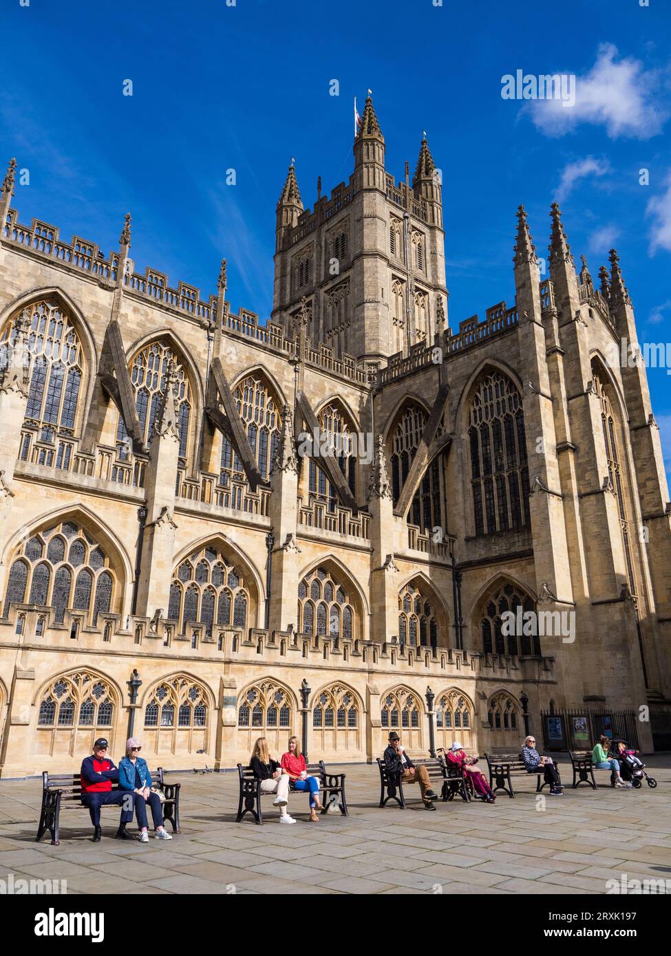 People Relaxing Outside, Blue Sky and Clouds View of Bath Abbey, Bath ...