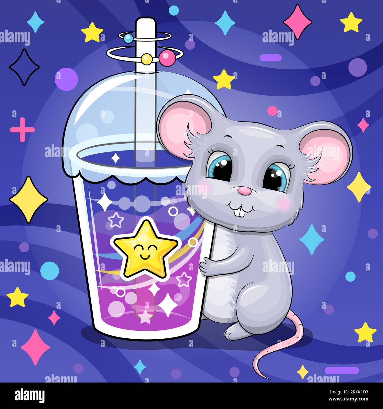 Cute cartoon mouse with star drink. Vector illustration of an animal ...