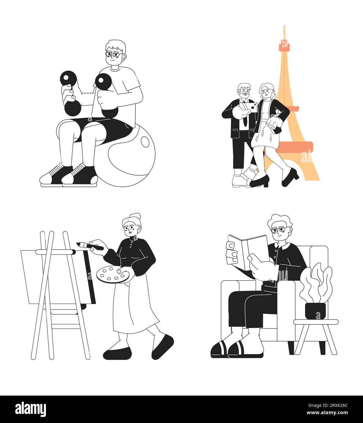 Retirement hobbies black and white cartoon flat illustration set Stock ...