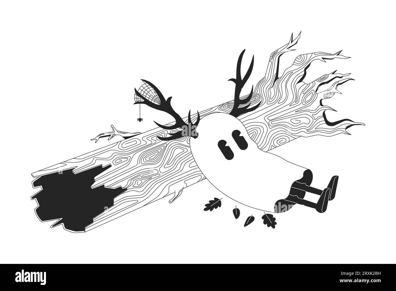 Depressed cute ghost lying on tree trunk black and white cartoon flat ...