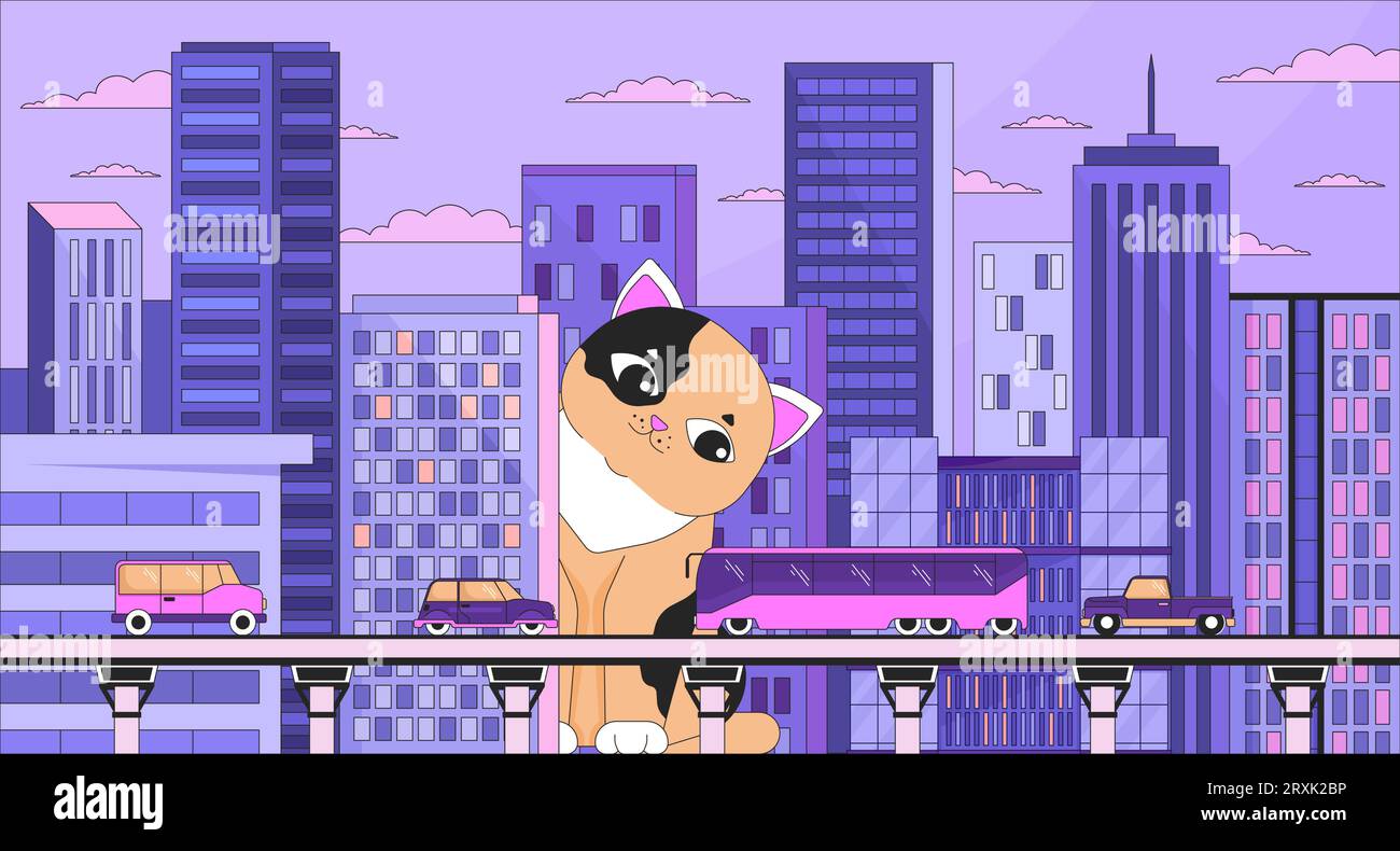Giant cat watching over city 2D linear illustration concept Stock ...