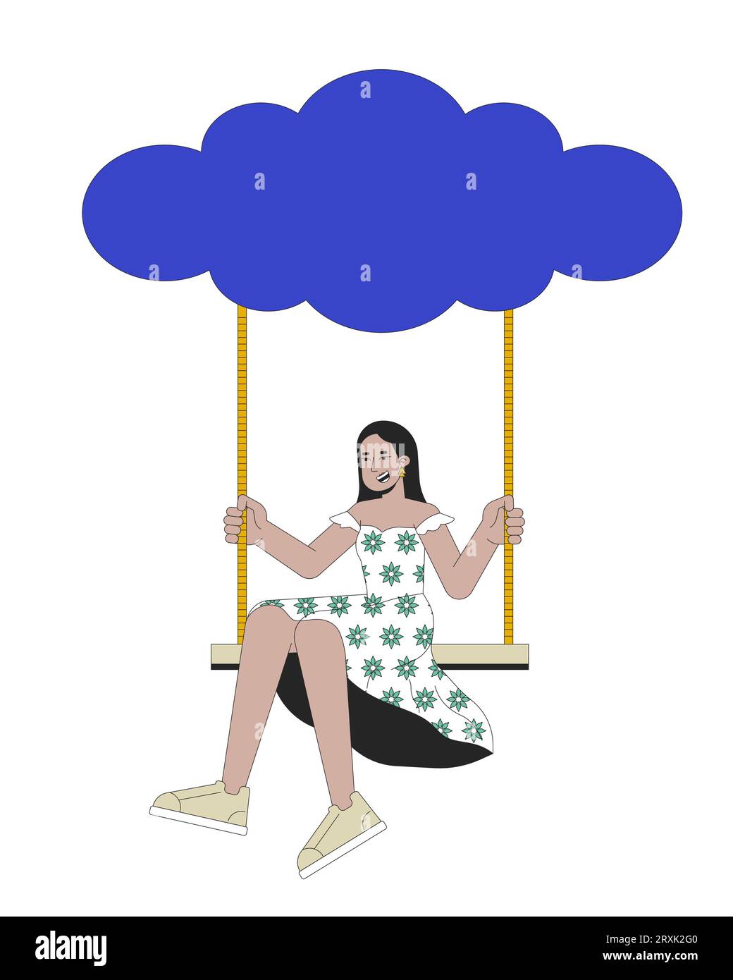 Happy girl on swing hanging from cloud 2D linear illustration concept ...