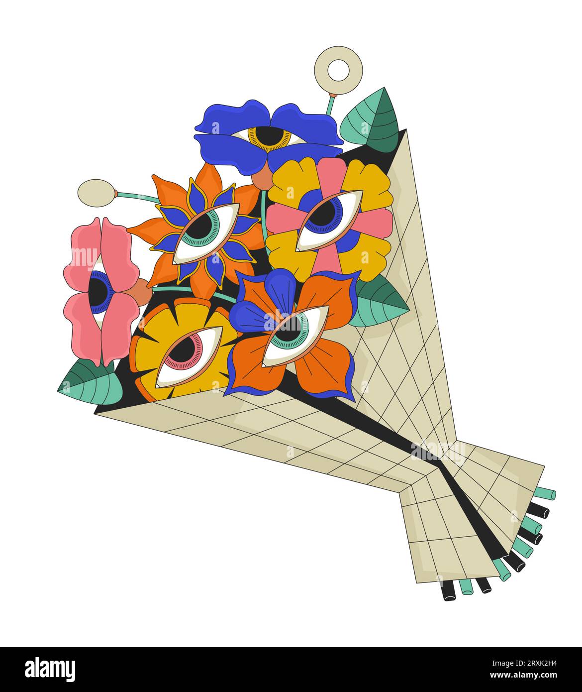 Groovy eyeball flowers bouquet 2D linear illustration concept Stock ...