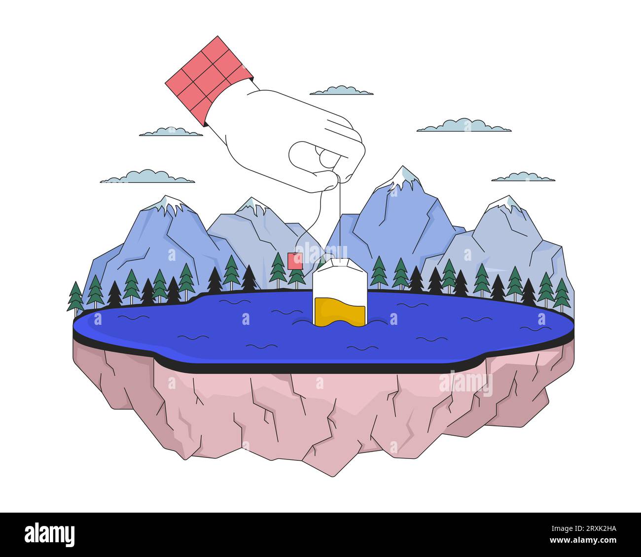 Steeping teabag into mountain lake 2D linear illustration concept Stock ...