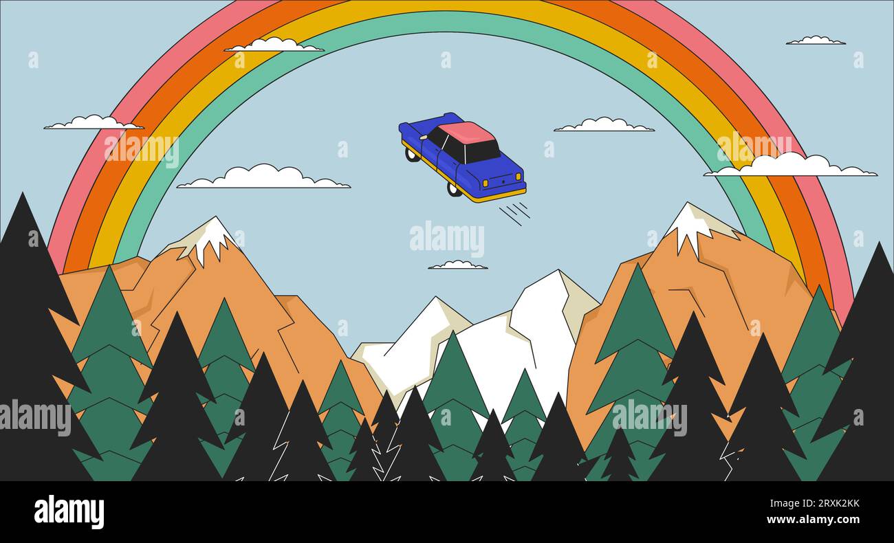 Psychedelic flying car in rainbow sky 2D linear illustration concept ...
