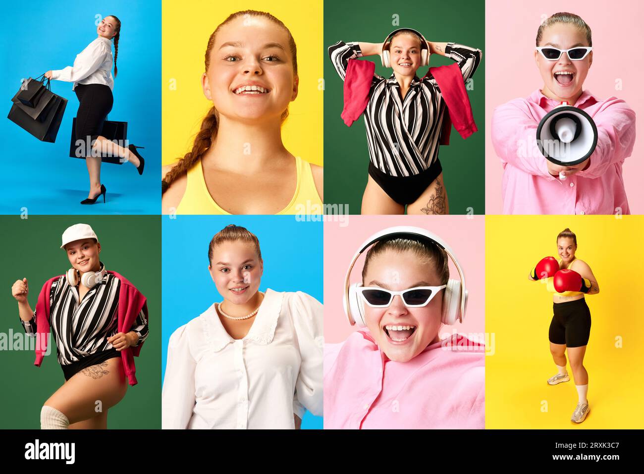 Horizontal photo set collage made of portraits of emotional young ...