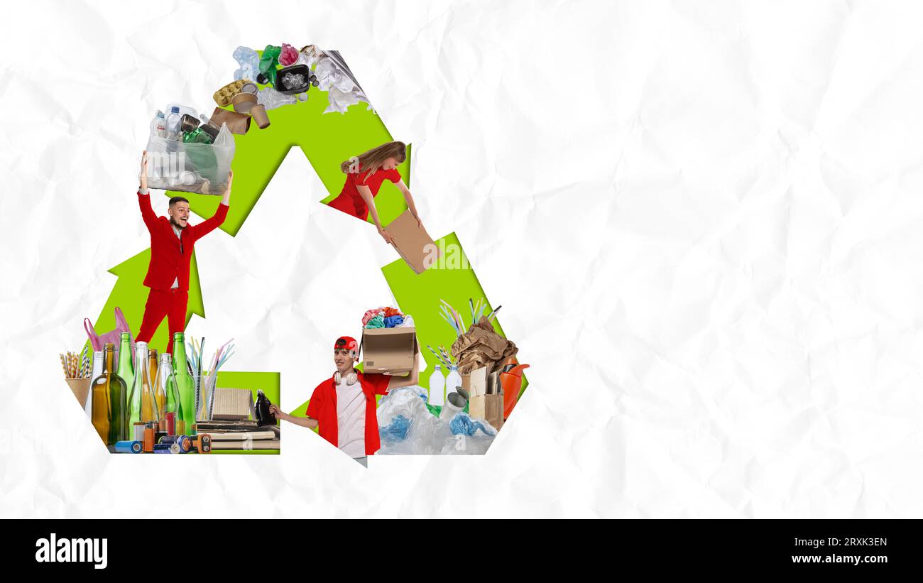 Recycle symbol. Young people taking care after nature and environment ...