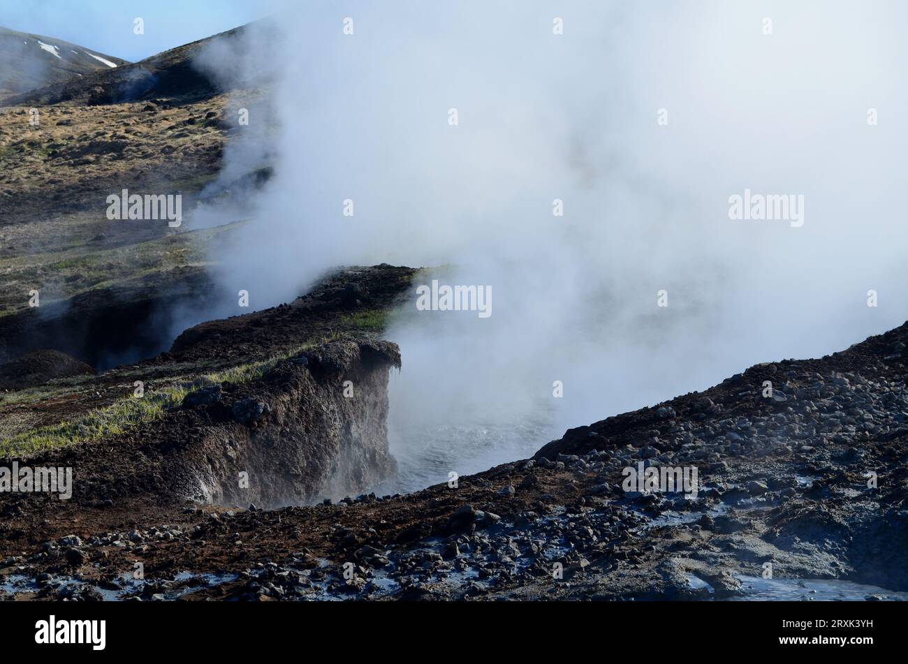 Icelands remote fumaroles with hot steam rising up from the rugged ...