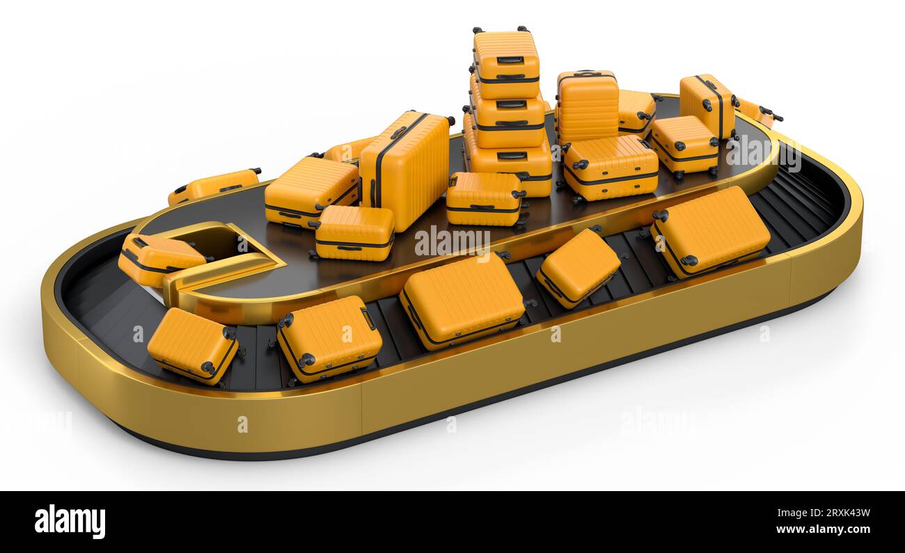 Airport luggage conveyor belt or baggage claim area with suitcases on ...