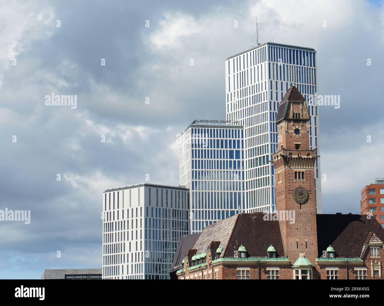 The skyline in downtown Malmö combines modern architecture with ...