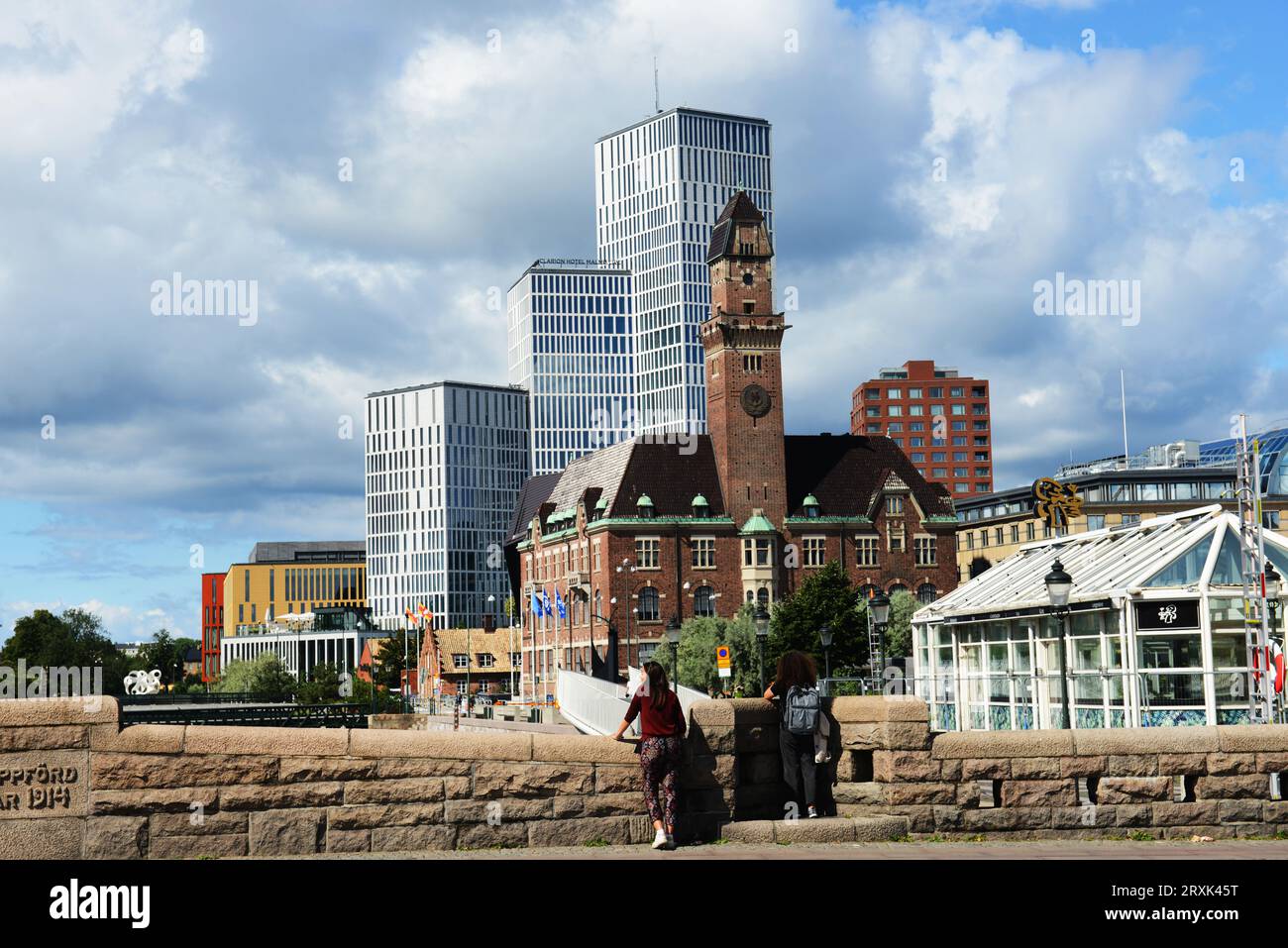 The skyline in downtown Malmö combines modern architecture with ...