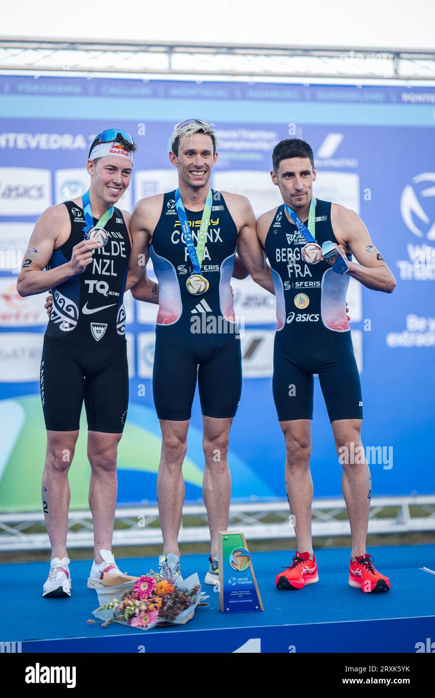 Dorian Coninx participating in Pontevedra in the 2023 World Triathlon ...