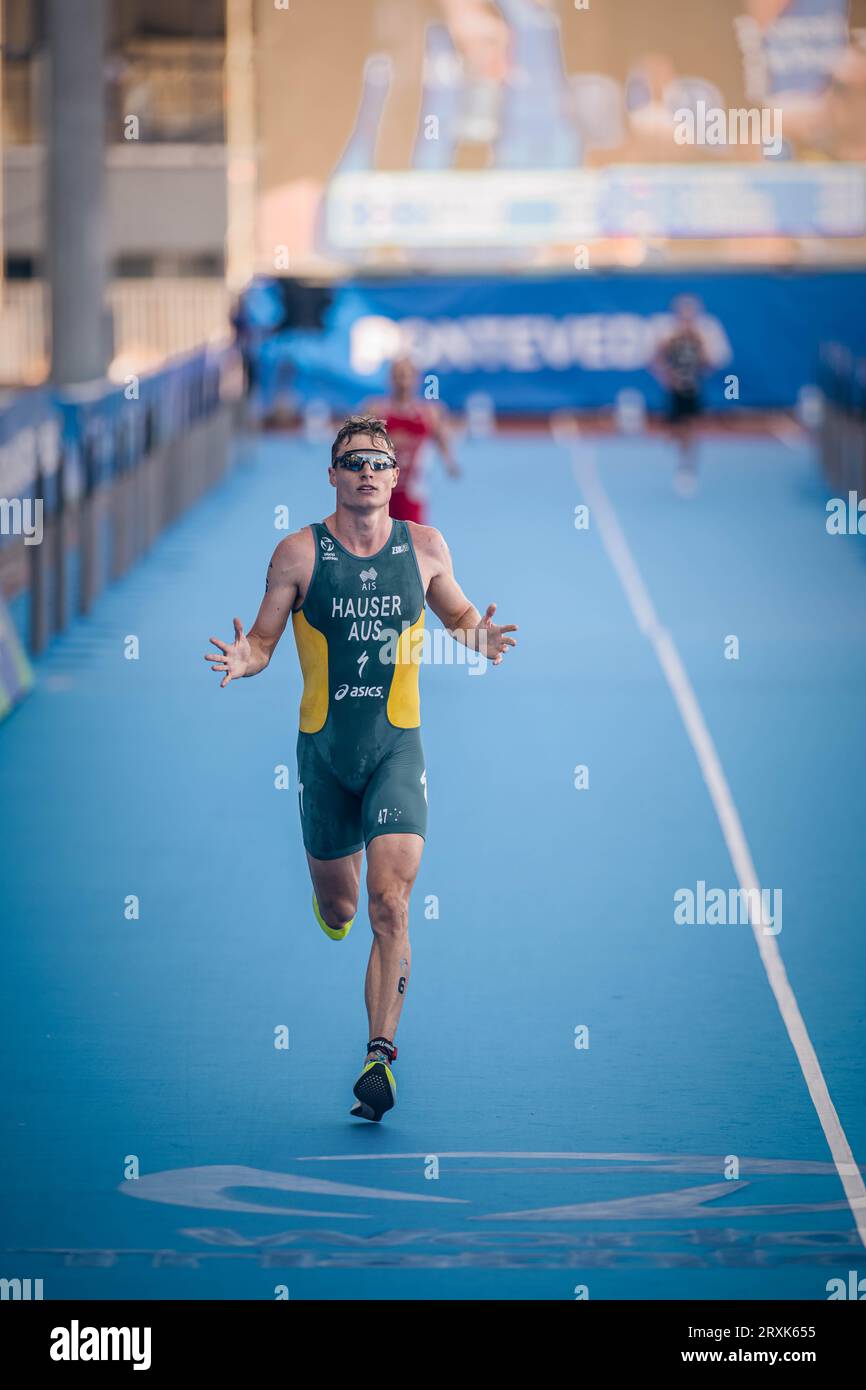 Matthew Hauser participating in Pontevedra in the 2023 World Triathlon ...