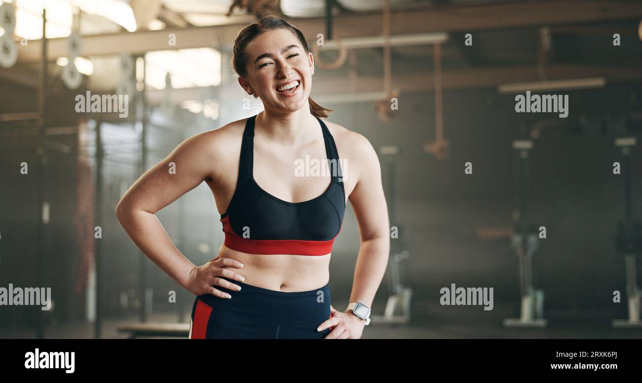 Gym, face and happy woman with positive attitude, mindset and laughing ...