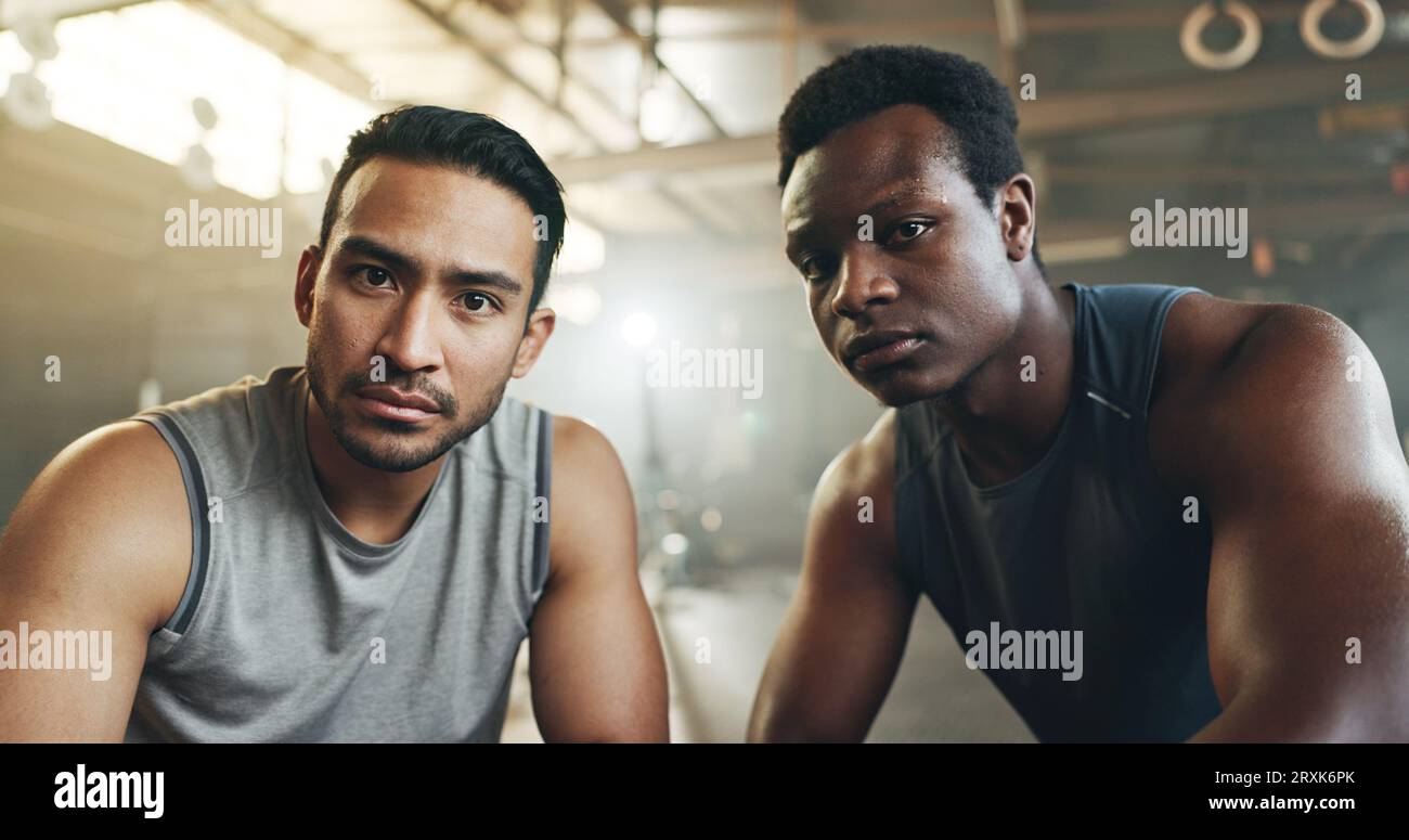 Serious man, friends and fitness in sports workout, exercise or ...