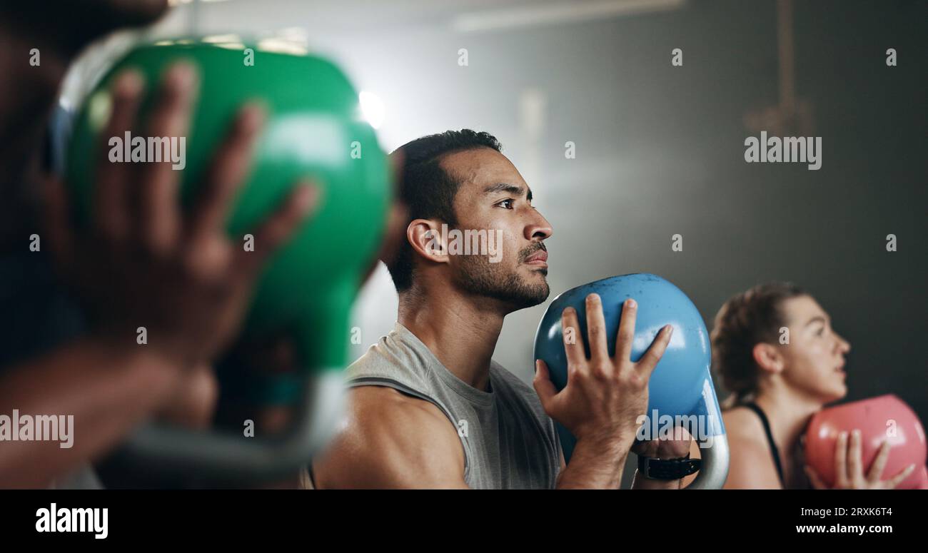 Gym, group fitness and kettlebell squat exercise for power, sports ...