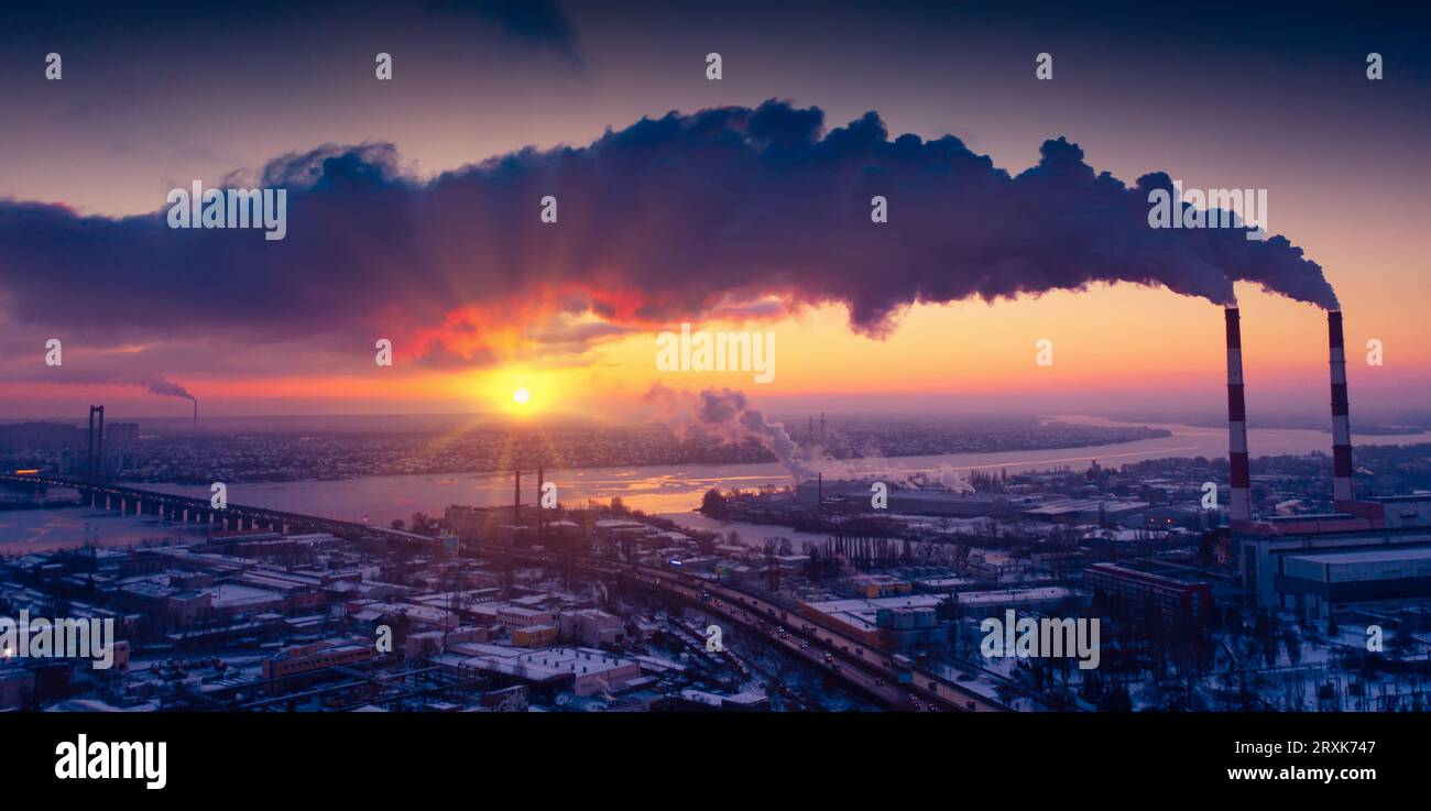 Sunrise Pollution: Factory Smokestacks Emitting Greenhouse Gases Stock ...
