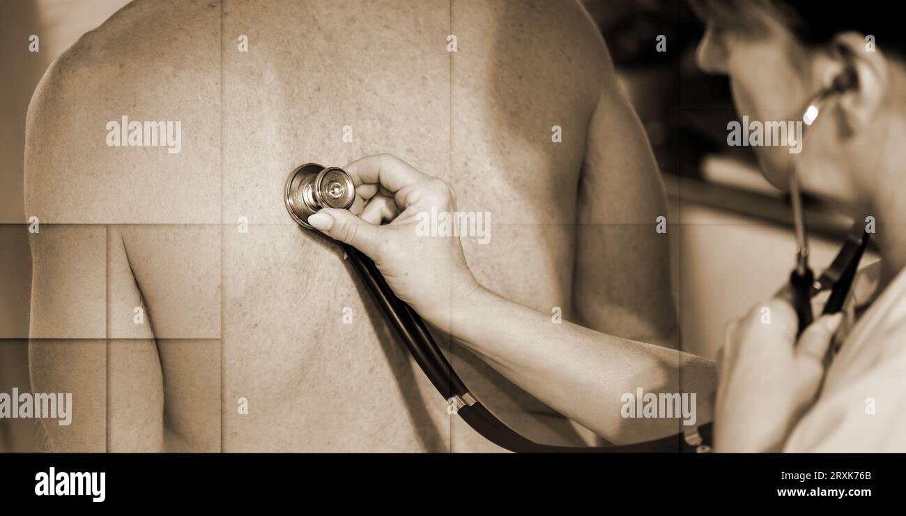 Female doctor auscultating her patient with stethoscope, geometric ...