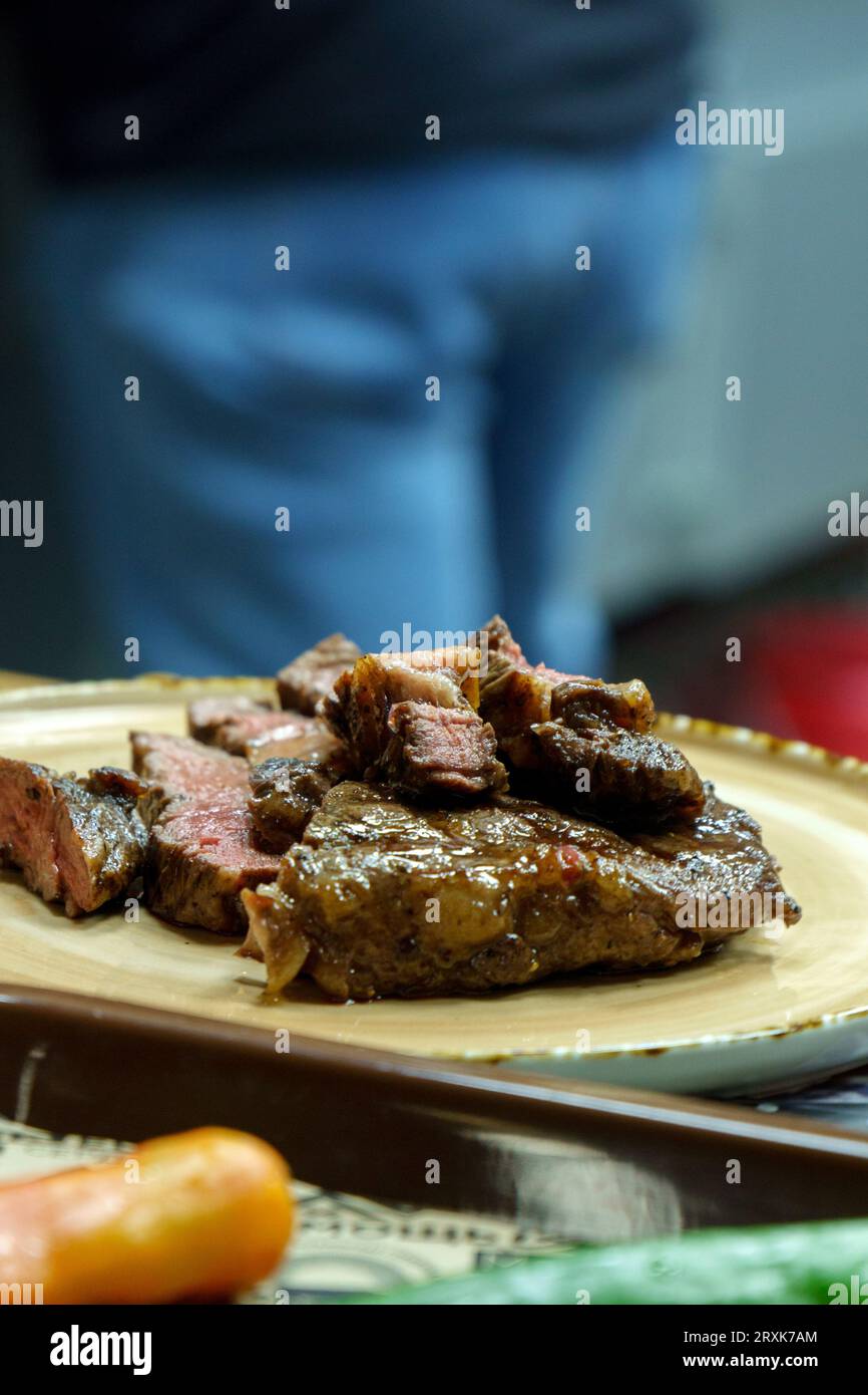 Juicy medium rare skirt steak, grill and barbecue, meat restaurant menu ...