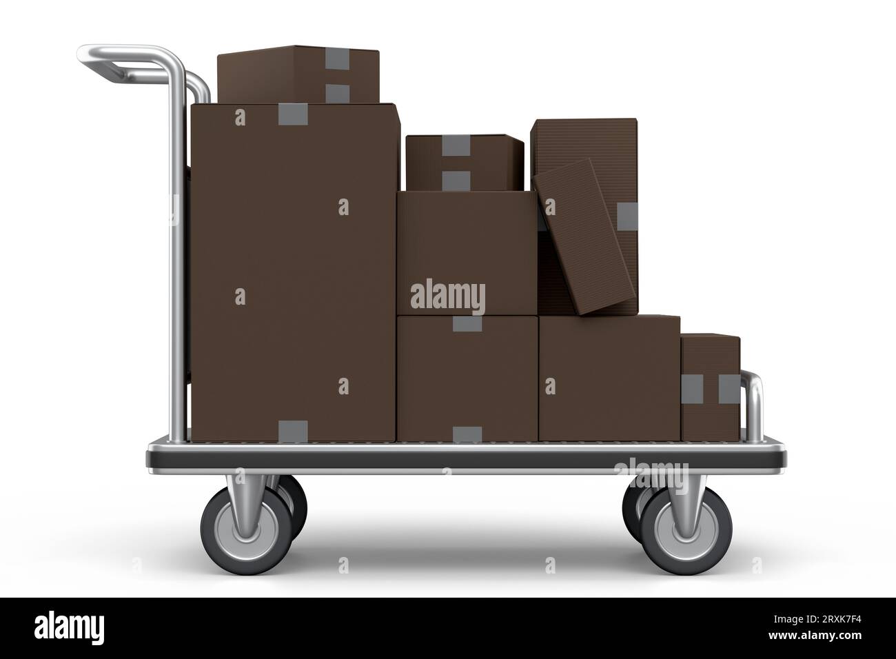 Airport luggage cart or baggage trolley side with stack of cardboard ...