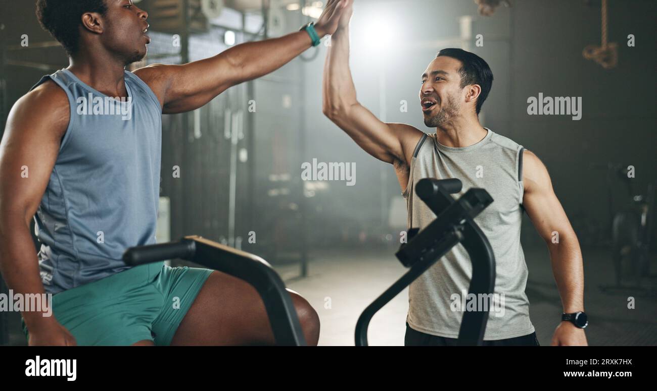 Man, cycling and personal trainer in high five, motivation or fitness ...