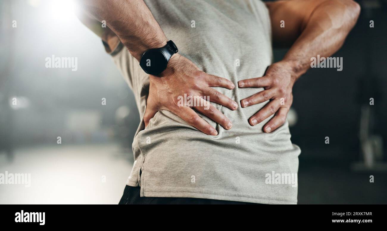 Fitness, back pain and hands of man at gym for training with muscle ...