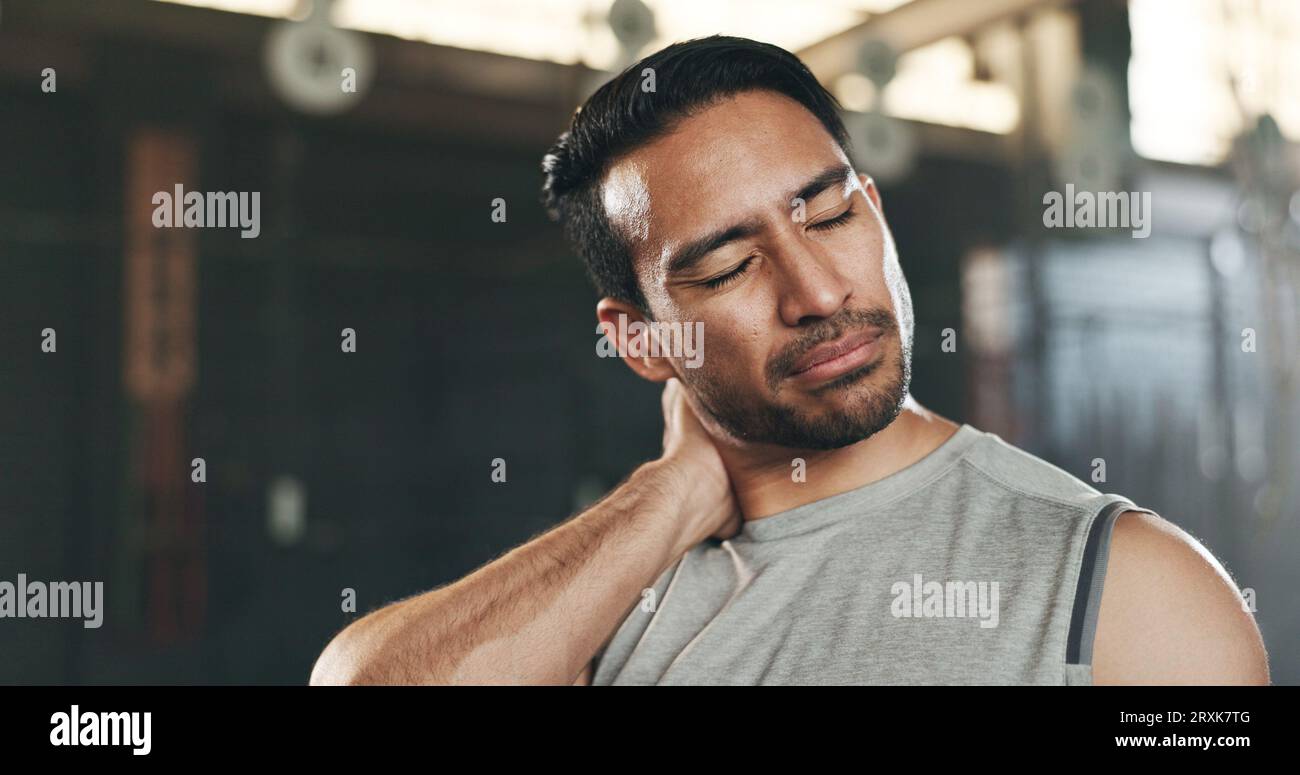 Fitness, neck pain and face of man at gym for training with muscle ...
