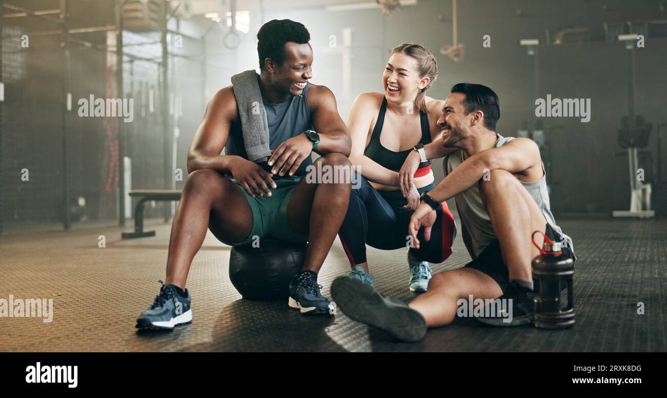 Fitness, group and conversation in gym with confidence, workout and ...