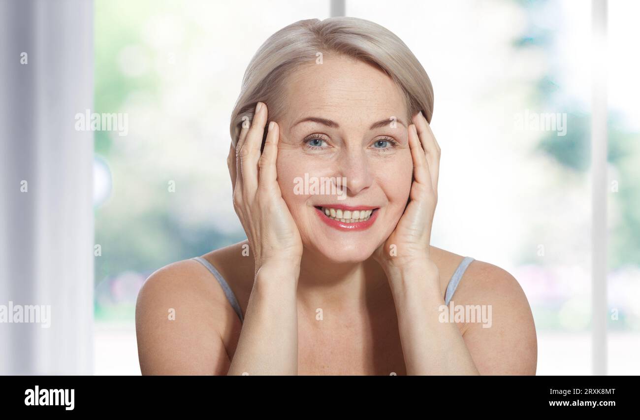 Happy Beautiful Middle Aged Blonde Woman Shows Off Her Perfectly Well